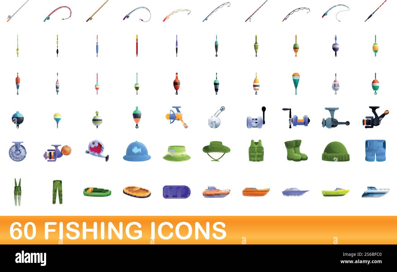 60 fishing icons set. Cartoon illustration of 60 fishing icons vector ...