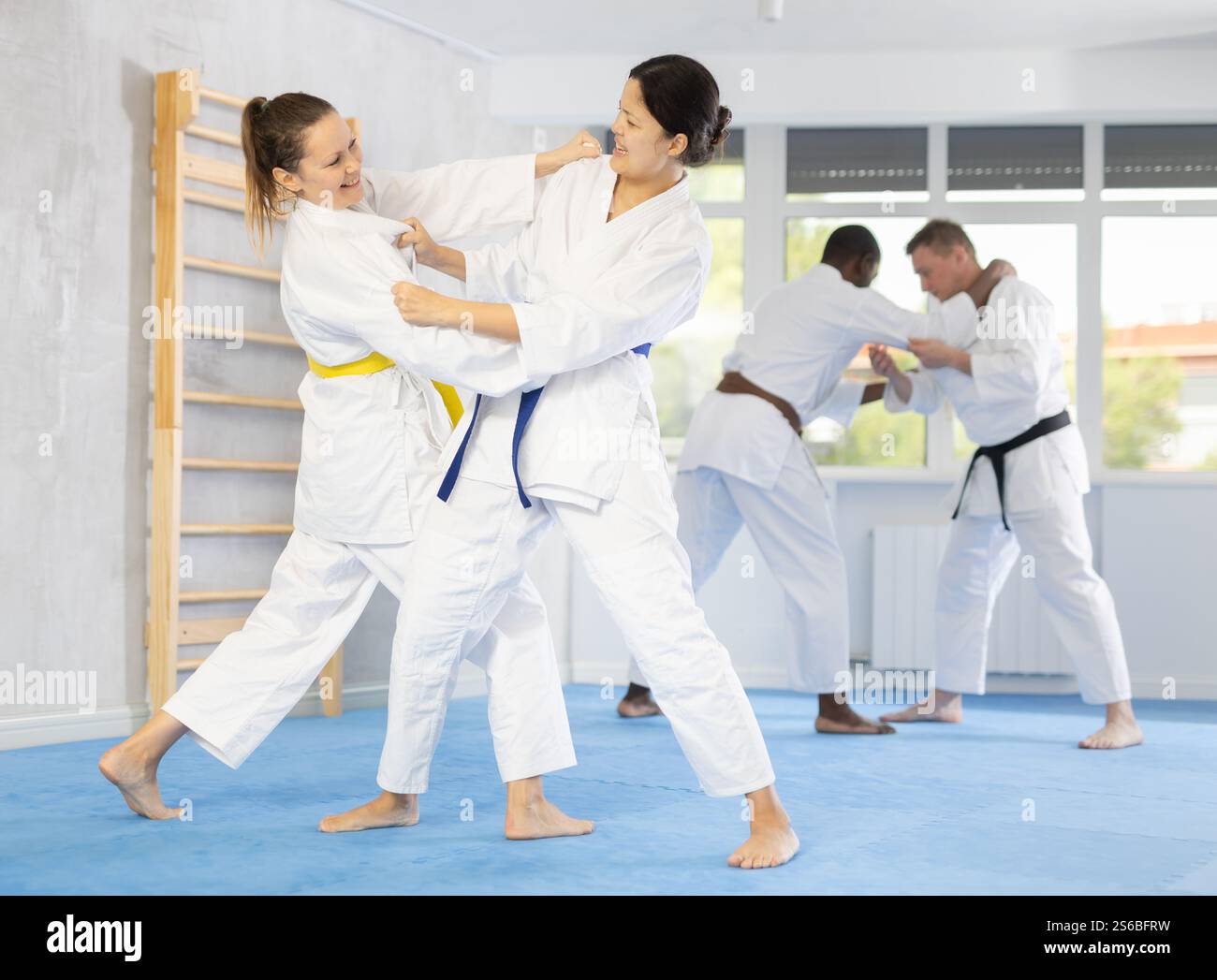 Female athletes playing Judo in sport hall Stock Photo - Alamy