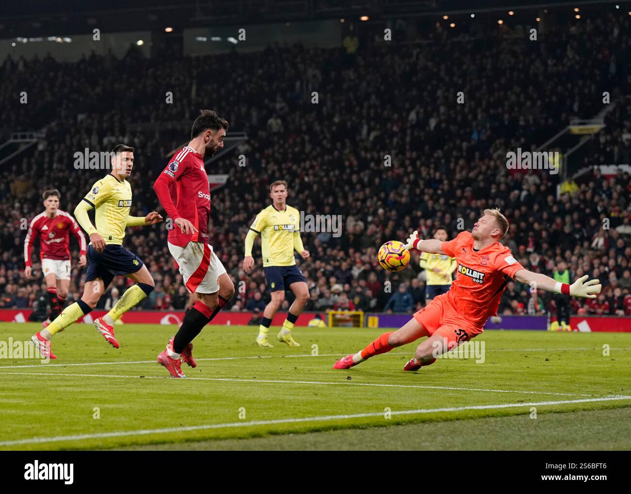 Manchester, UK. 16th Jan, 2025. Aaron Ramsdale of Southampton saves a ...