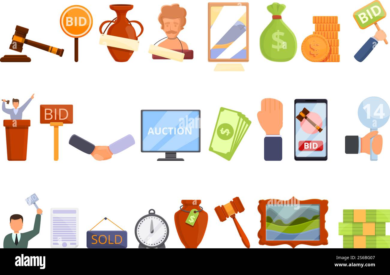 Auction icons set. Cartoon set of auction vector icons for web design ...