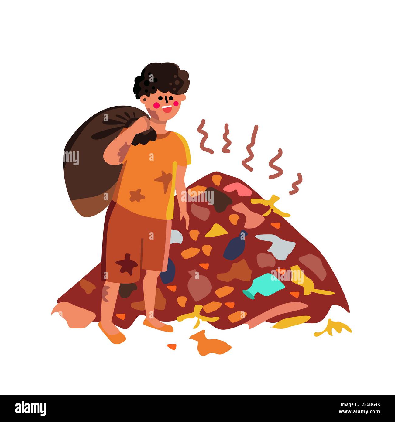 Homeless Man With Bag Walking On Landfill Vector. Dirty Guy Wearing ...