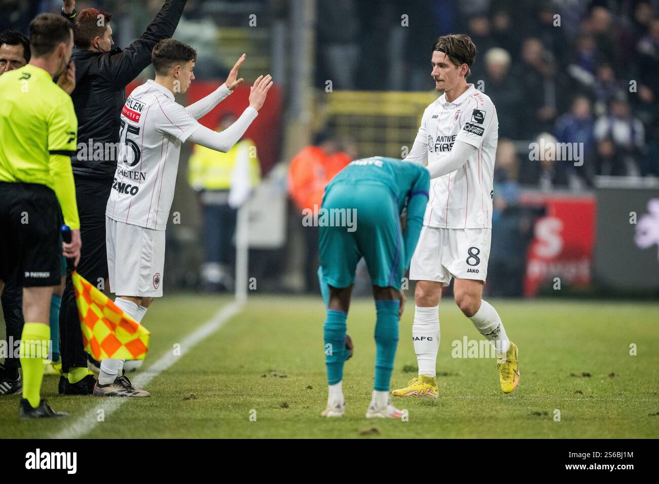 Brussels, Belgium. 16th Jan, 2025. Antwerp's Andreas Verstraeten and Antwerp's Dennis Praet ...