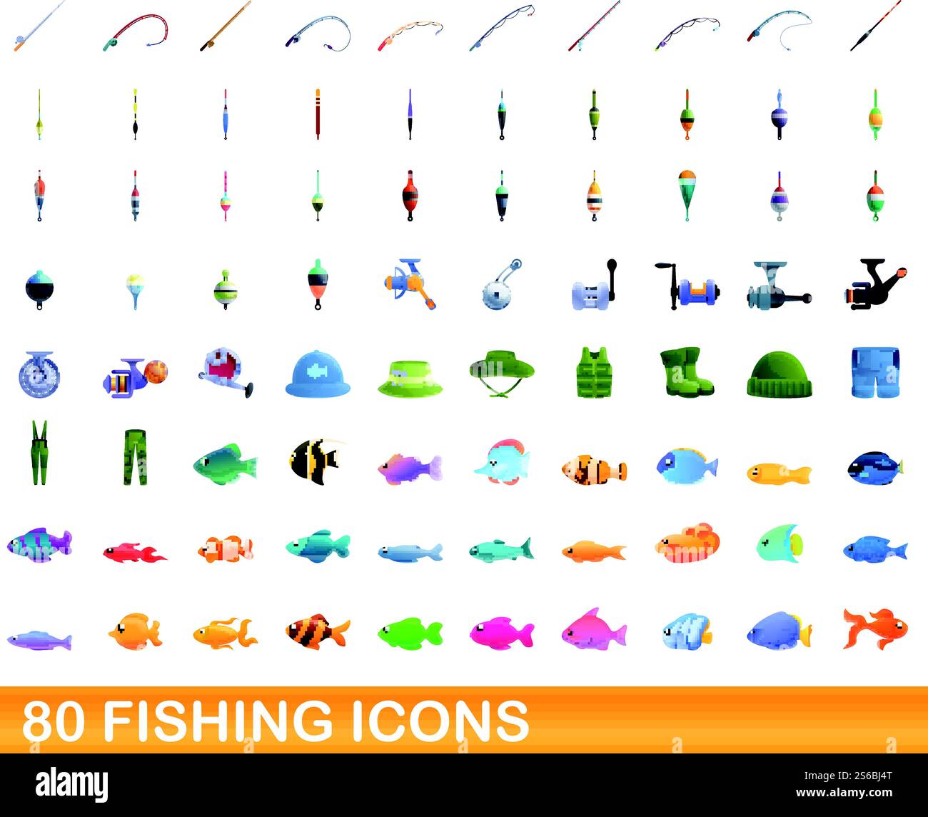 80 fishing icons set. Cartoon illustration of 80 fishing icons vector ...
