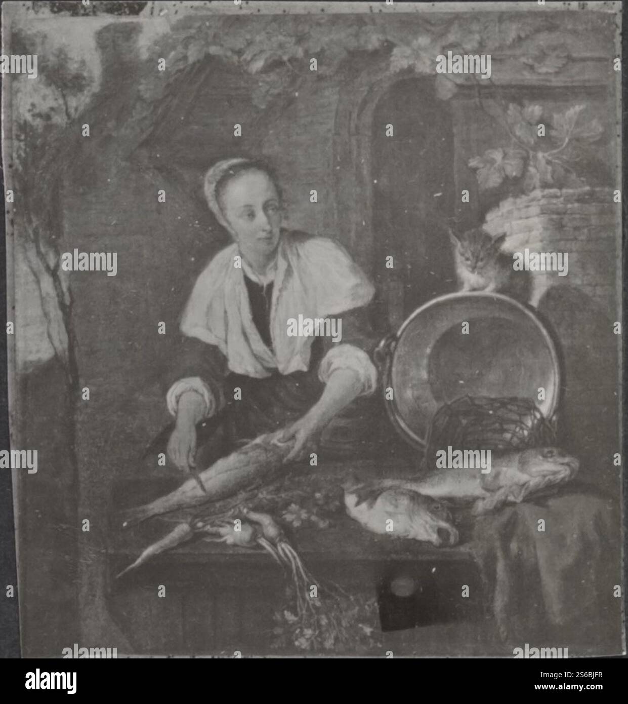 Gabriel Metsu - Woman cleaning a fish, with a cat 14654 1 Stock Photo ...