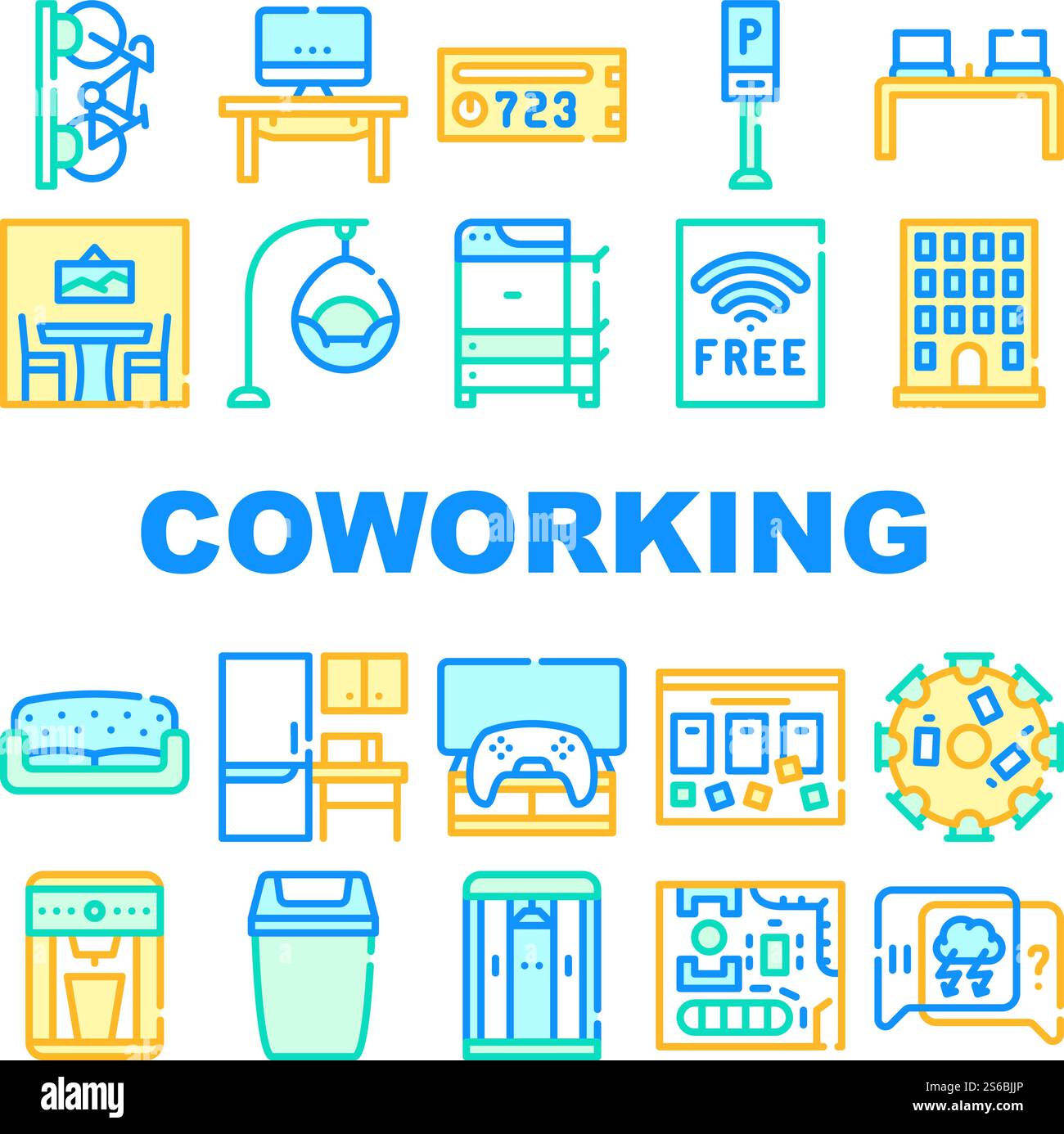 Coworking Work Office Collection Icons Set Vector. Coworking Layout And ...