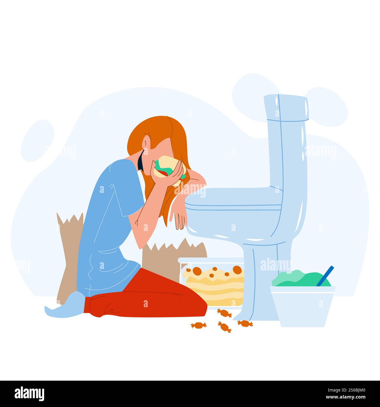 Woman Nutrition Disorder Bulimia Problem Vector. Young Sad And ...
