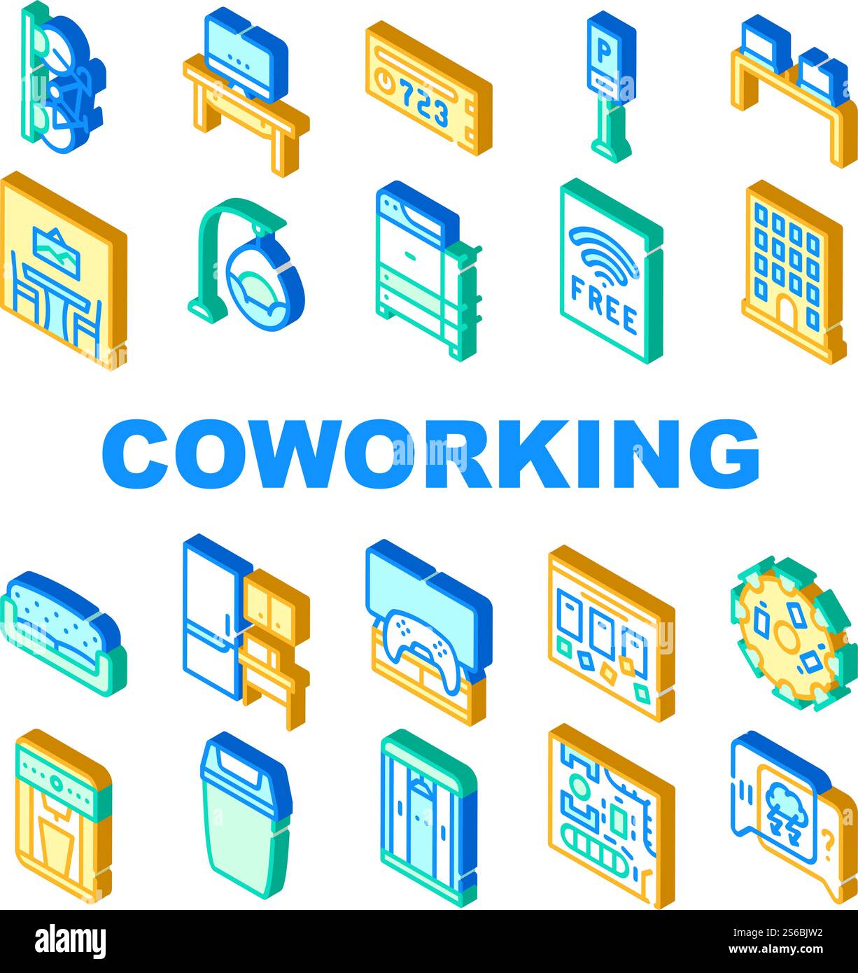 Coworking Work Office Collection Icons Set Vector. Coworking Layout And ...