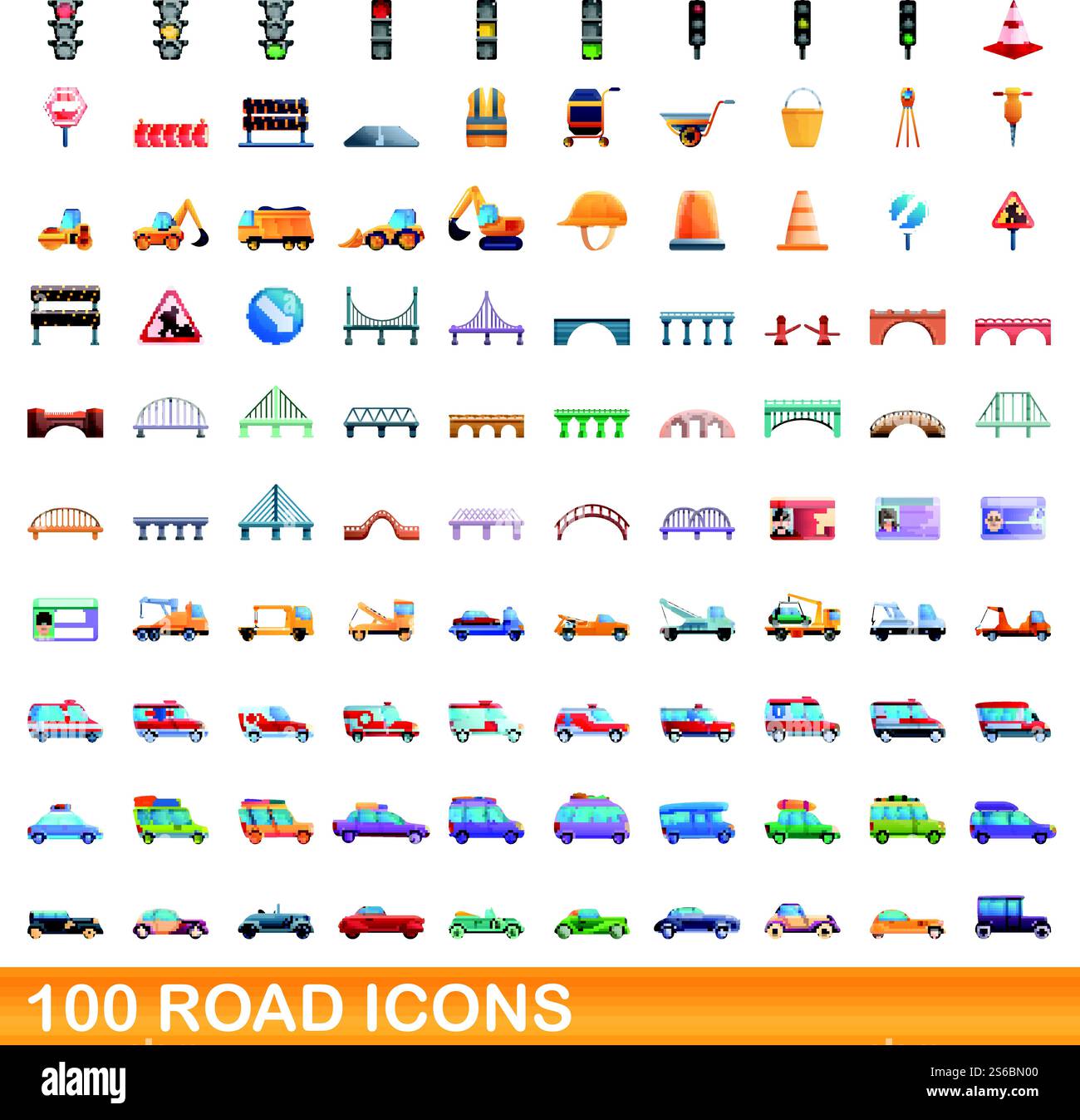 100 road icons set. Cartoon illustration of 100 road icons vector set ...