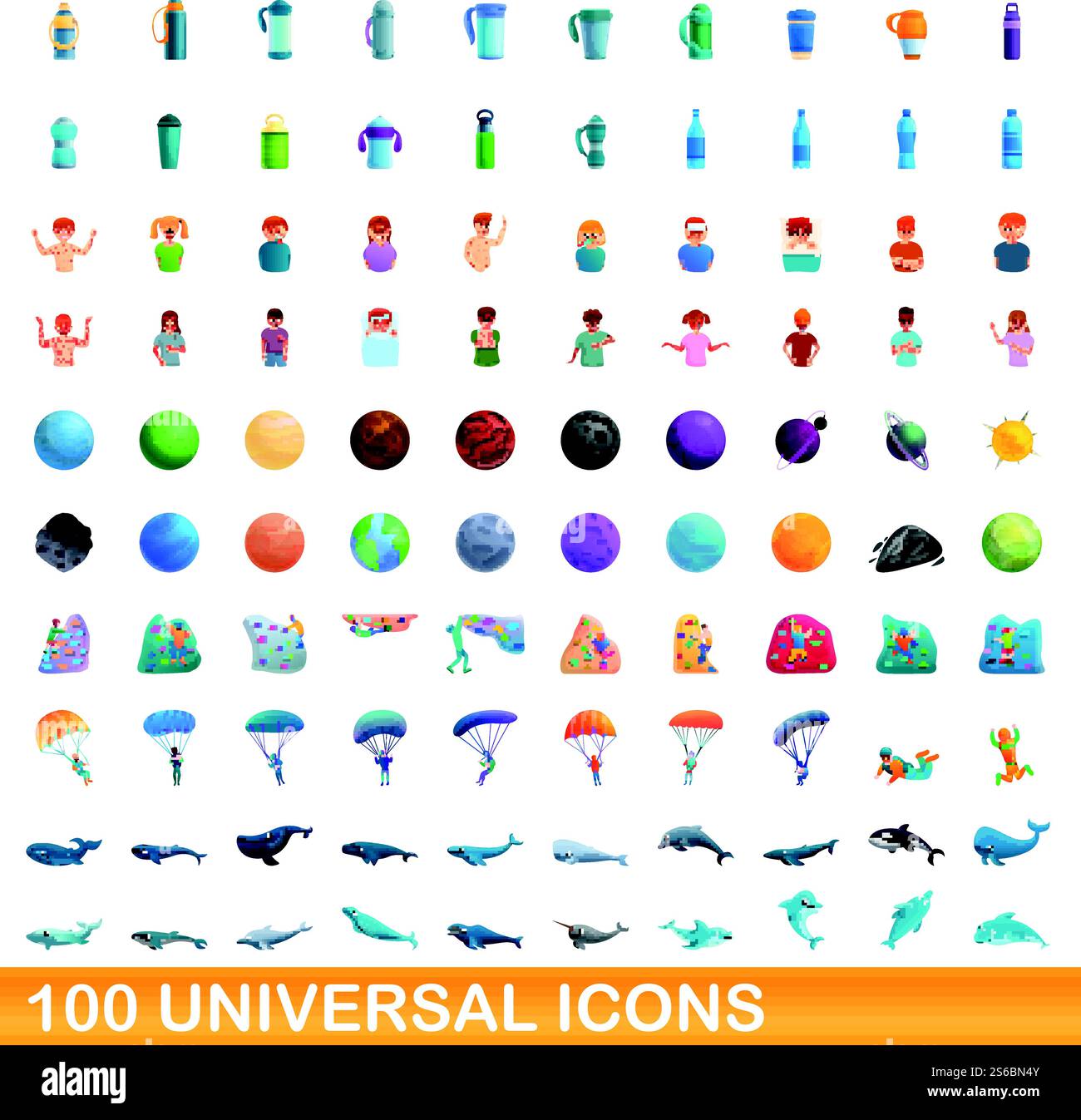 100 universal icons set. Cartoon illustration of 100 universal icons ...
