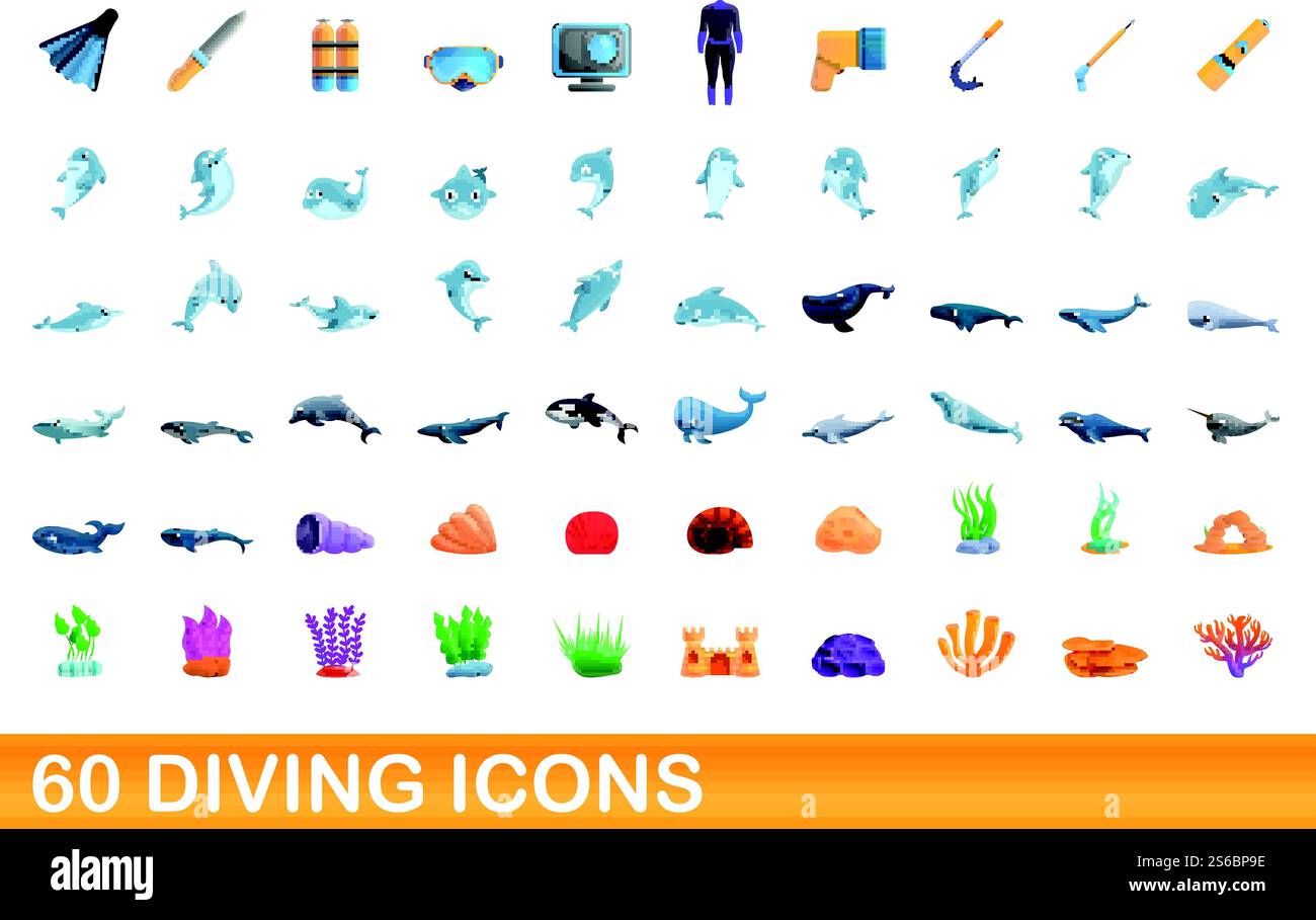 60 diving icons set. Cartoon illustration of 60 diving icons vector set ...