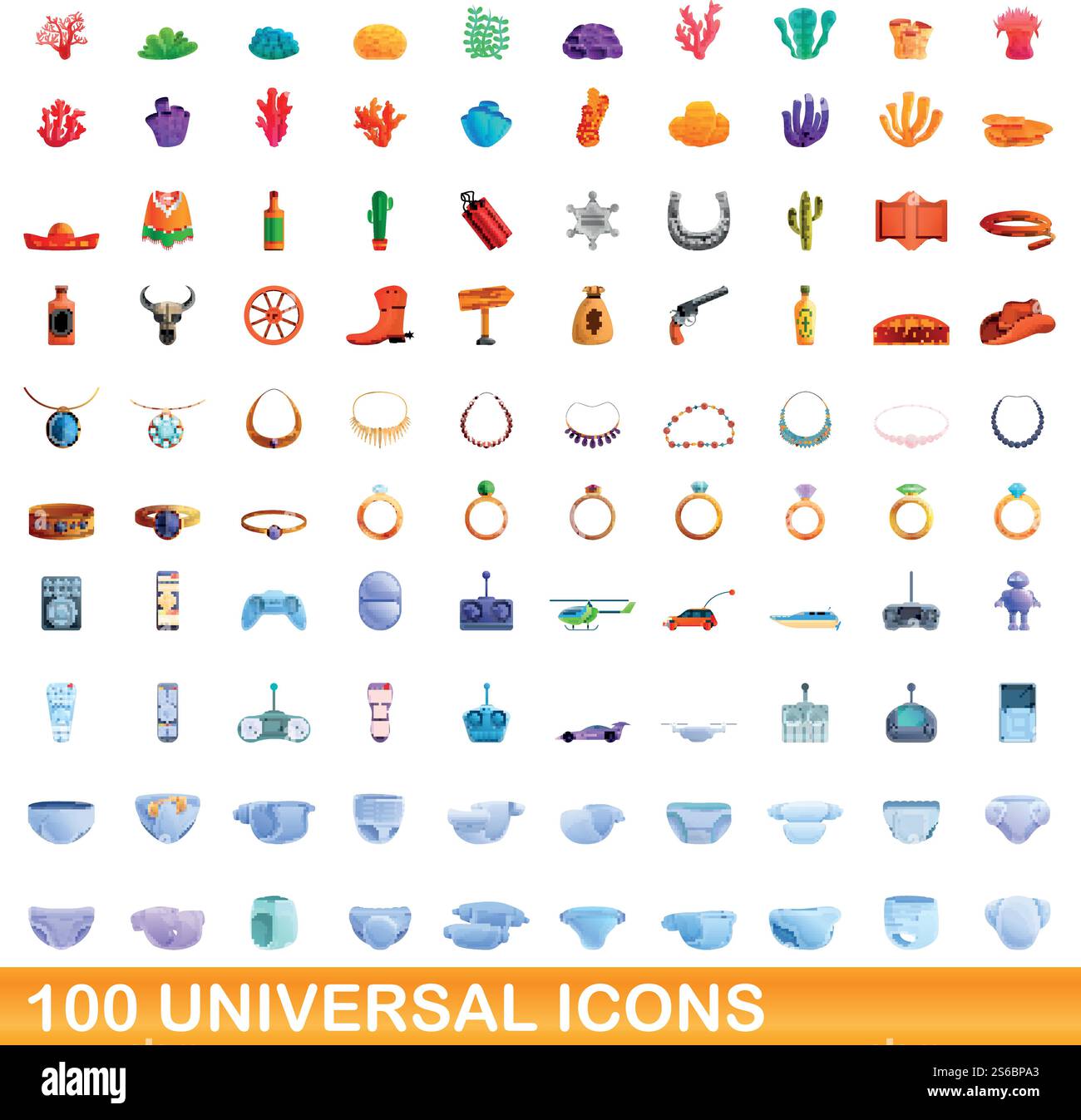 100 universal icons set. Cartoon illustration of 100 universal icons ...