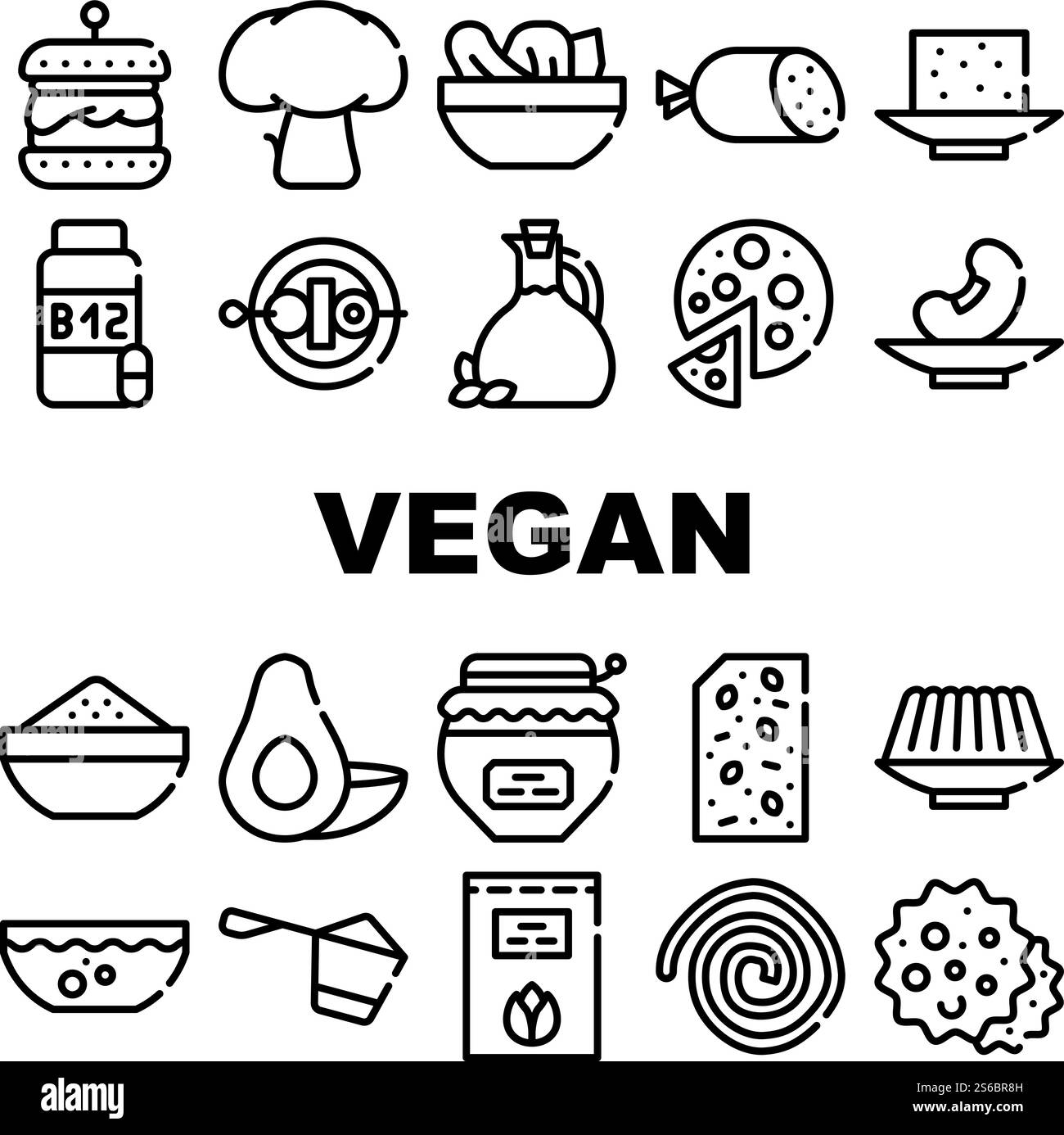 Vegan Menu Restaurant Collection Icons Set Vector. Vegan Hamburger And ...