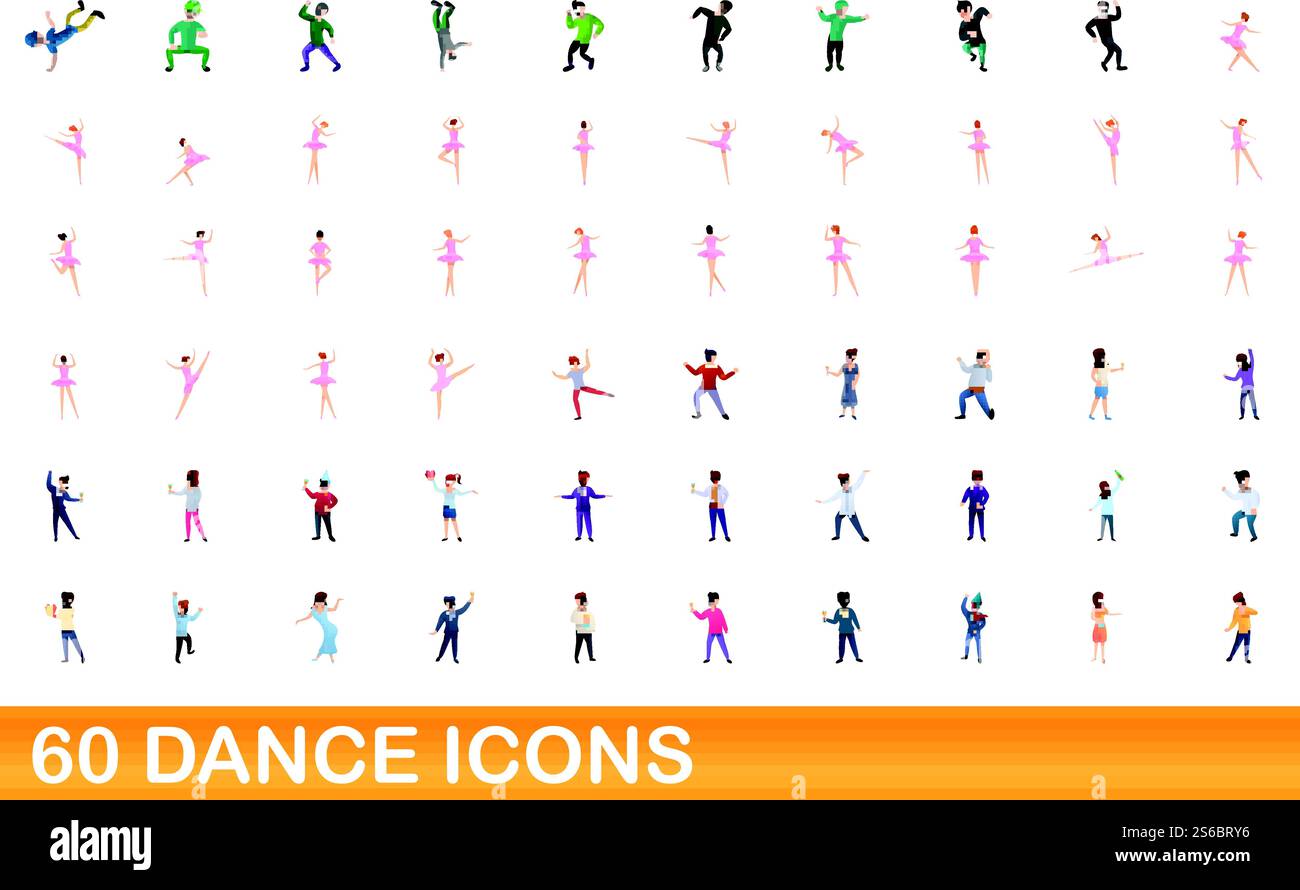 60 dance icons set. Cartoon illustration of 60 dance icons vector set isolated on white ...
