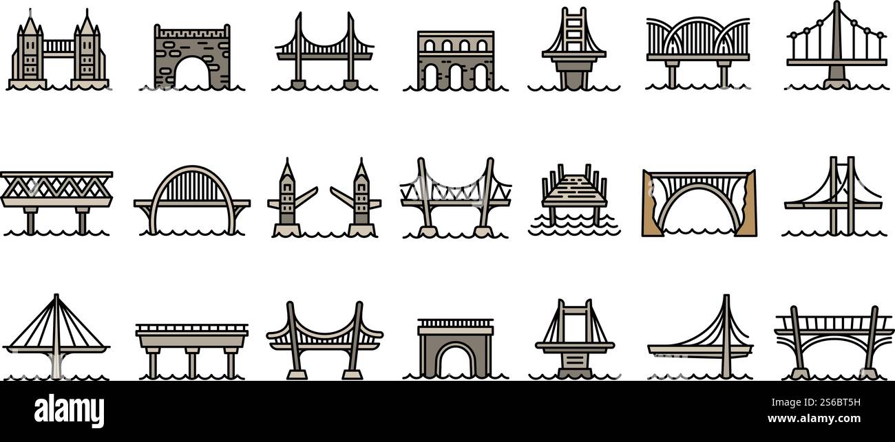 Bridges icons set. Outline set of bridges vector icons for web design ...