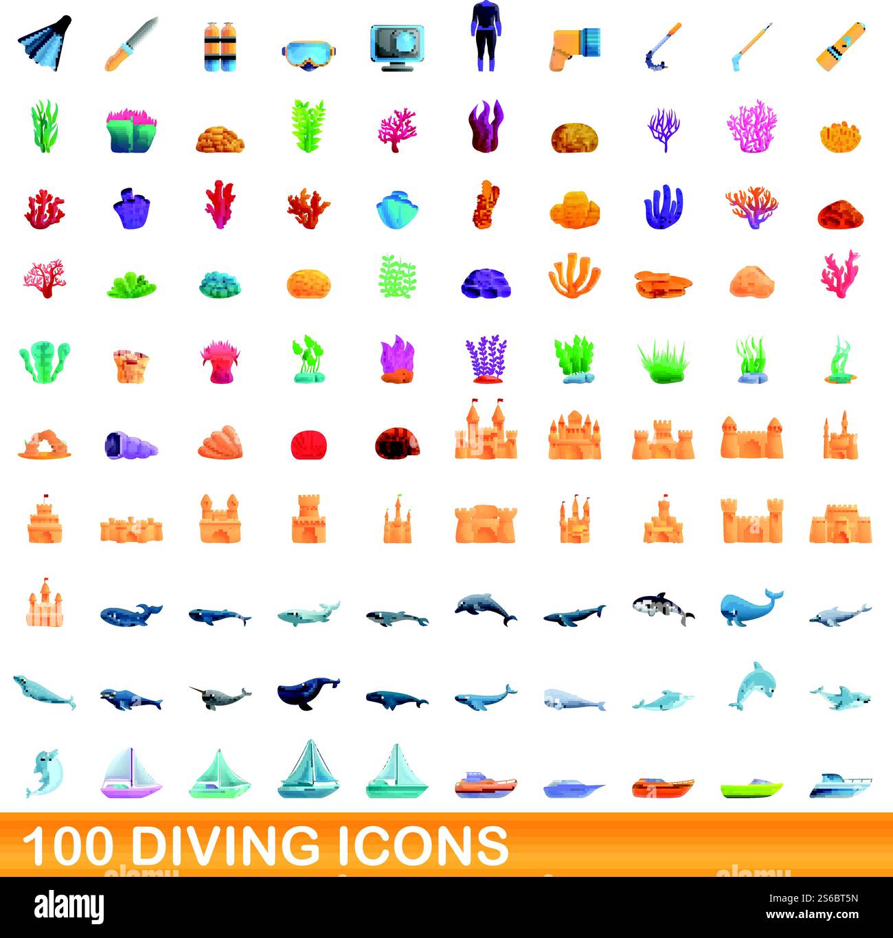 100 diving icons set. Cartoon illustration of 100 diving icons vector ...