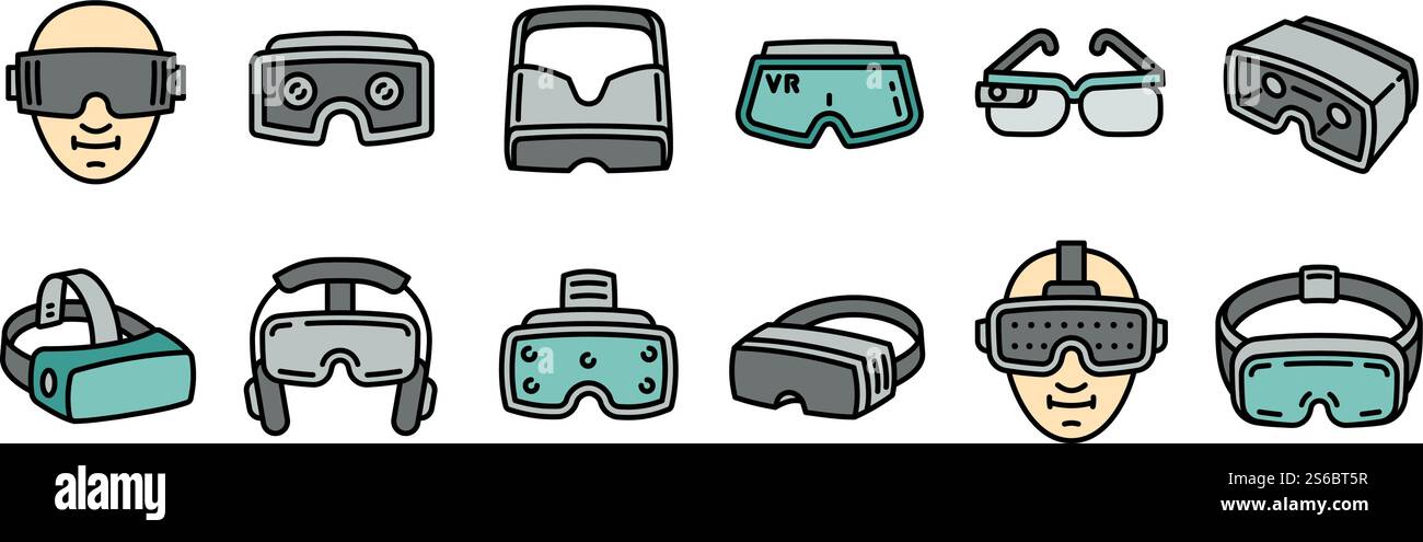 Game goggles icons set. Outline set of game goggles vector icons for ...