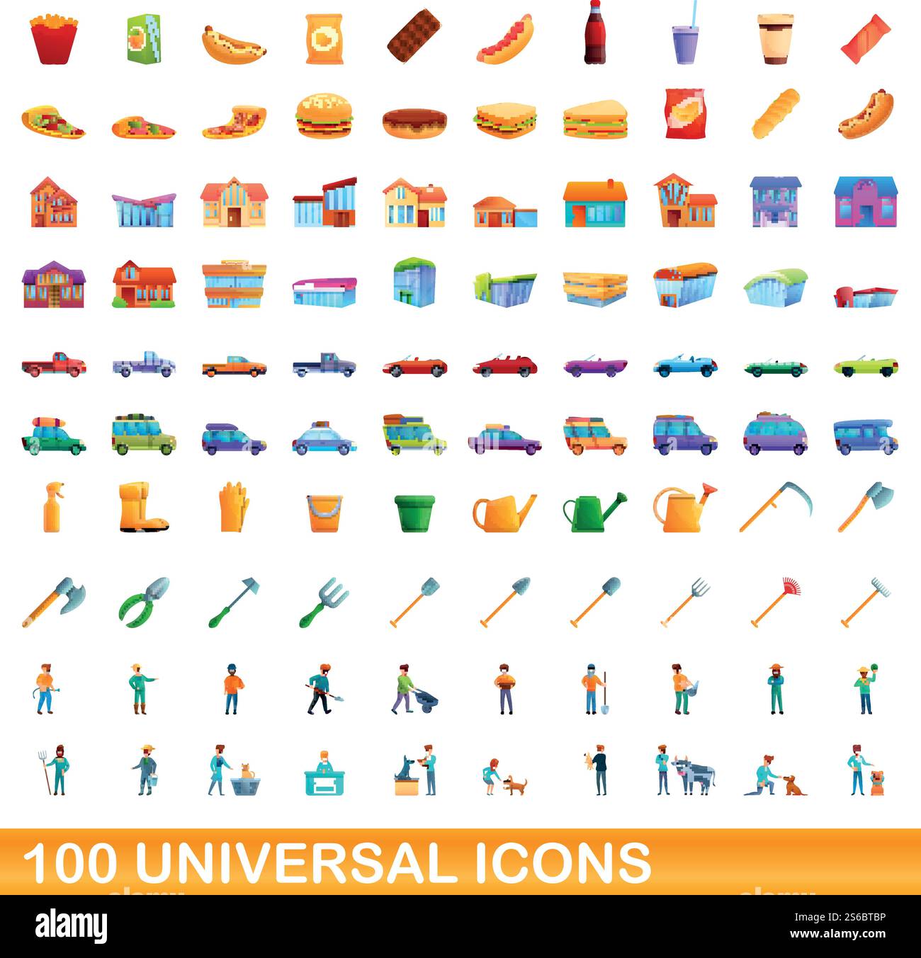 100 universal icons set. Cartoon illustration of 100 universal icons ...