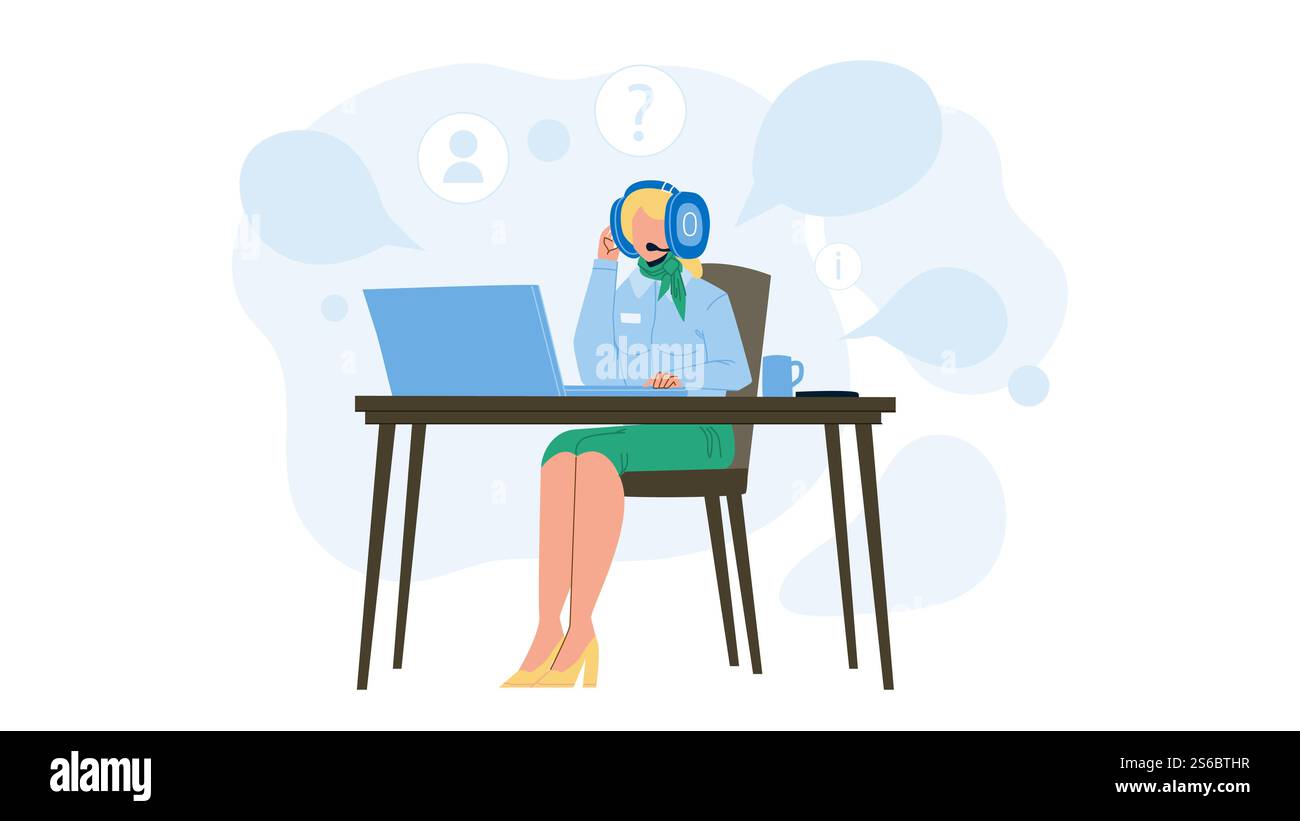 Call Center Dispatcher Working At Table Vector. Young Woman Dispatcher ...