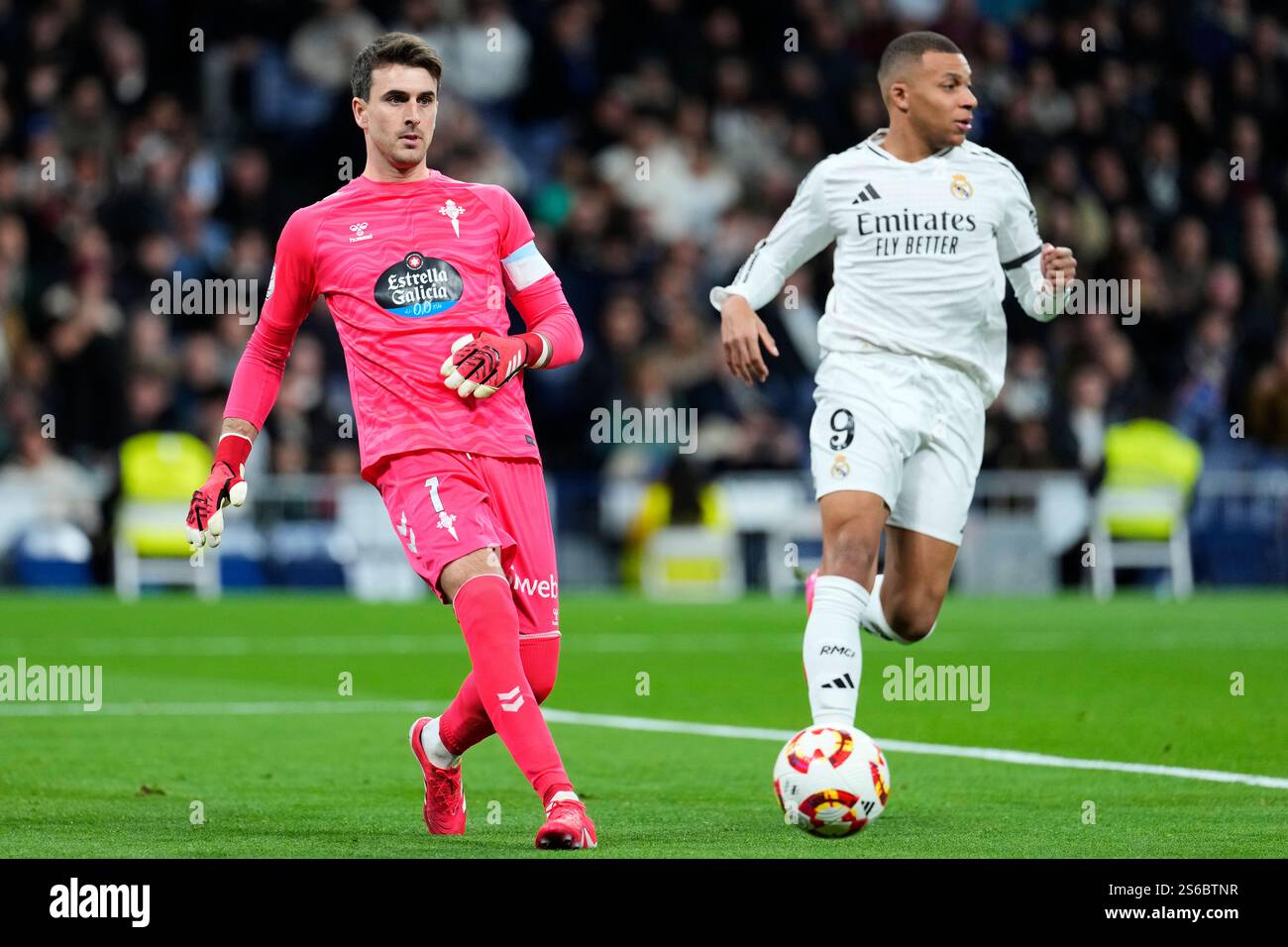 Ivan Villar of RC Celta de Vigo and Kylian Mbappe of Real Madrid CF ...