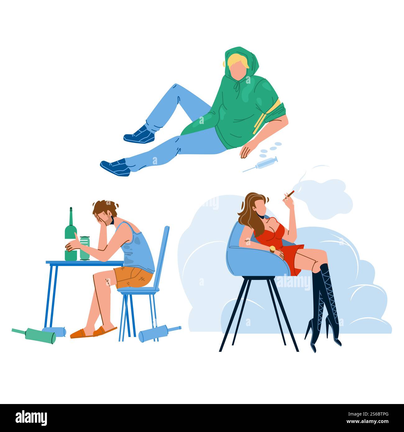 Alcohol, Smoke And Drug People Addiction Vector. Alcoholic Drunk Man ...