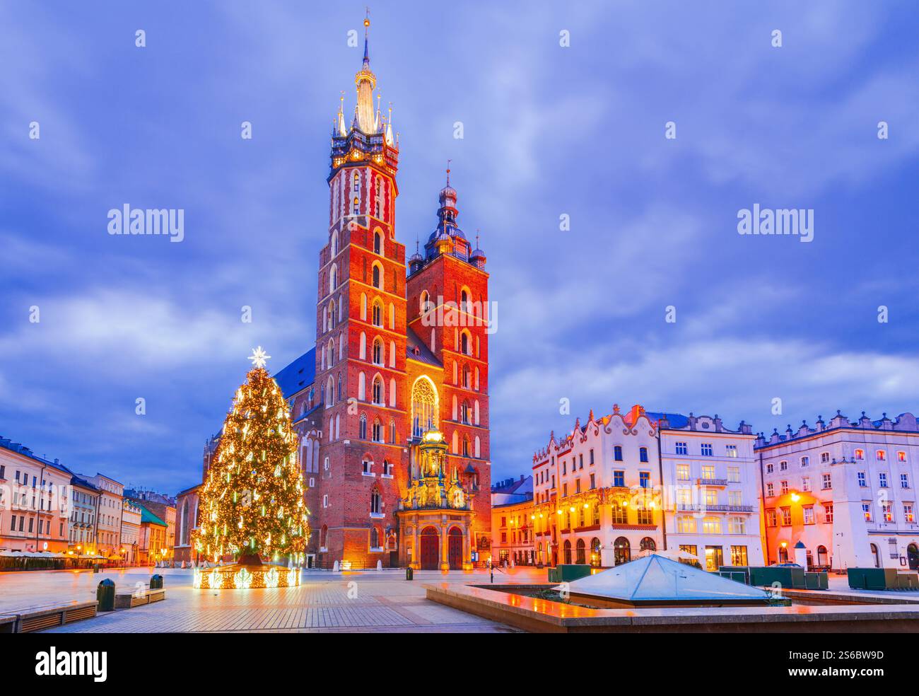 Krakow, Poland. Twinkling lights and Christmas Tree, a magical winter ...
