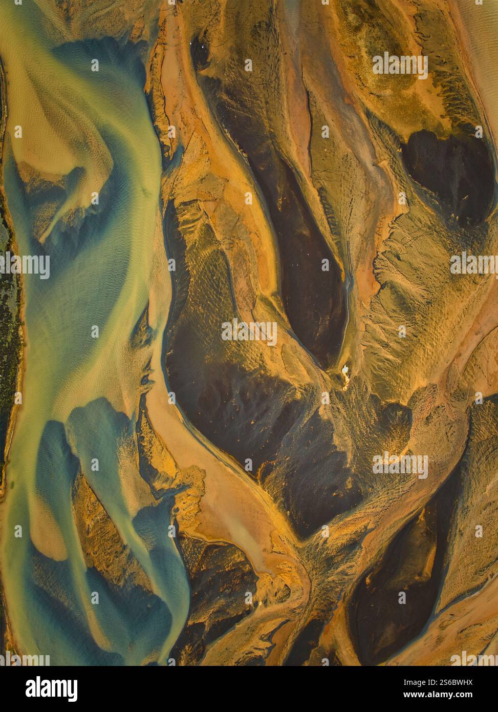 Aerial view of Icelandic braided rivers, creating intricate yellow and ...