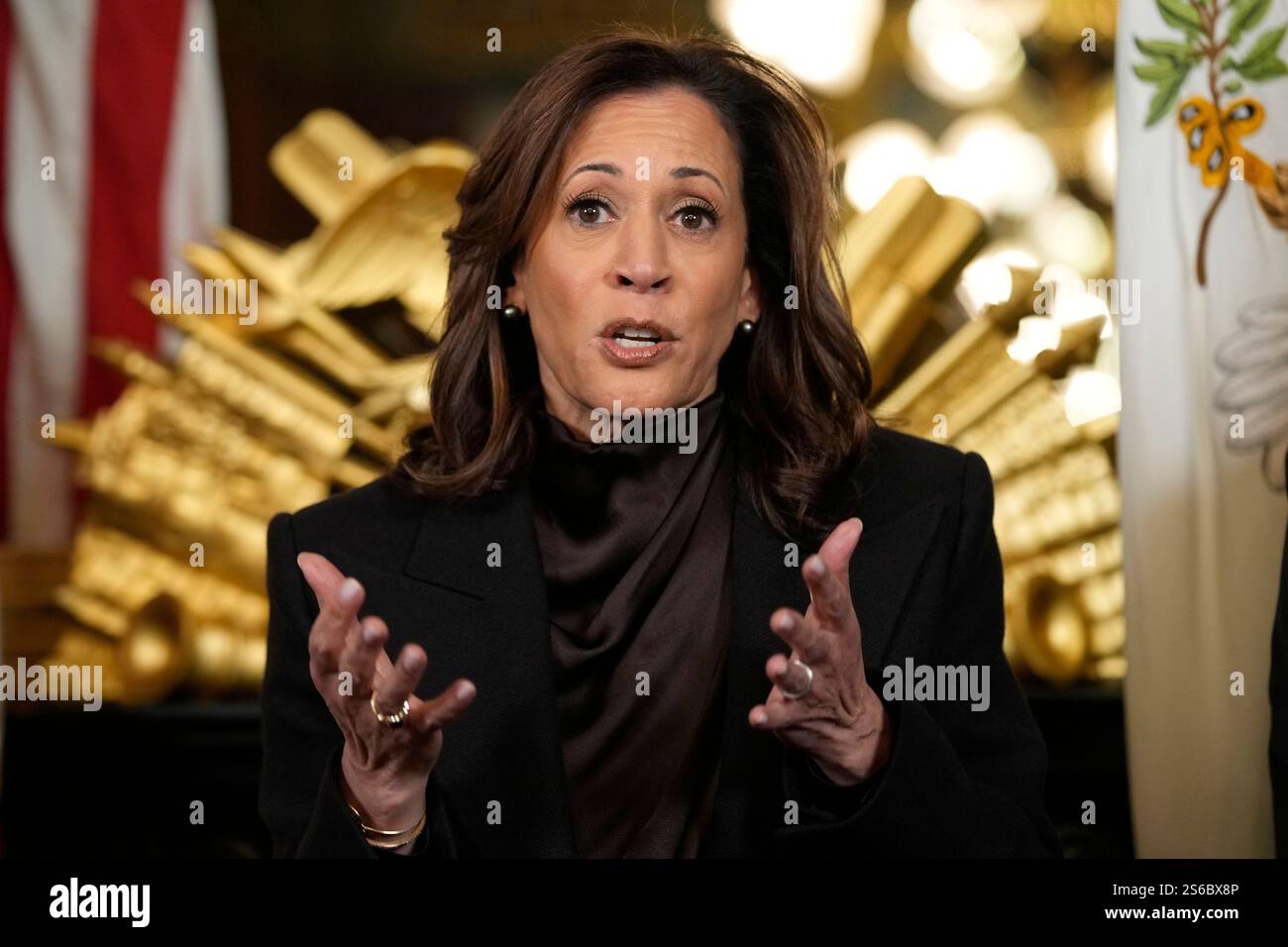 Vice President Kamala Harris speaks before signing the desk drawer in ...