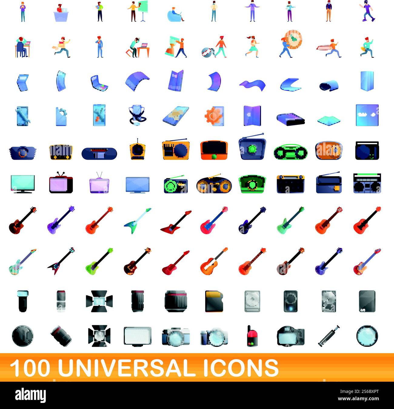 100 universal icons set. Cartoon illustration of 100 universal icons ...