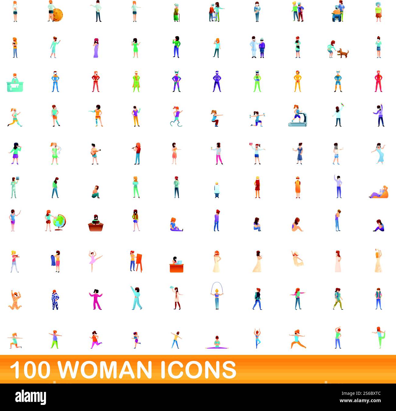 100 woman icons set. Cartoon illustration of 100 woman icons vector set ...