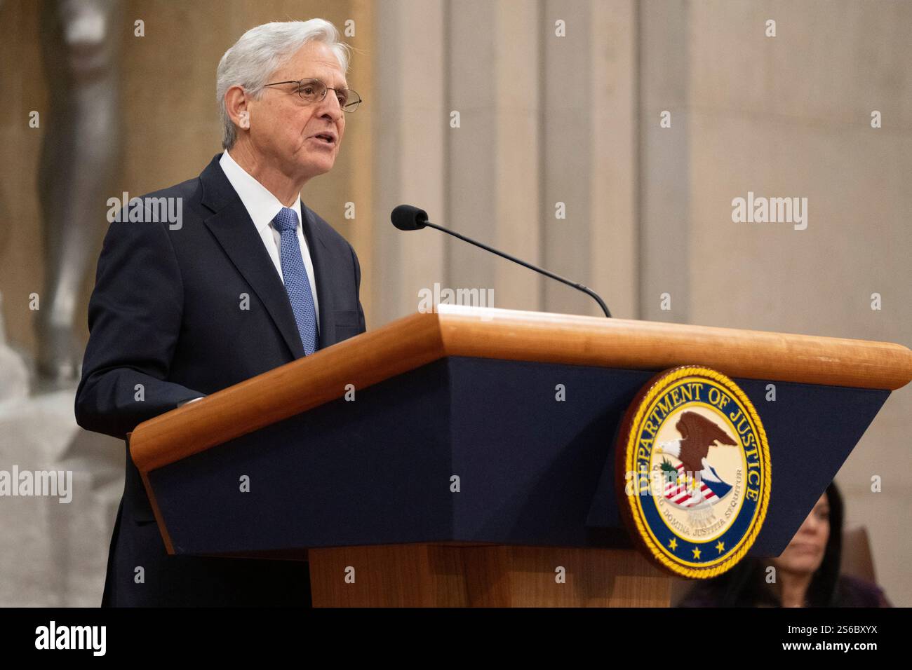 Attorney General Merrick Garland speaks during a farewell ceremony at ...