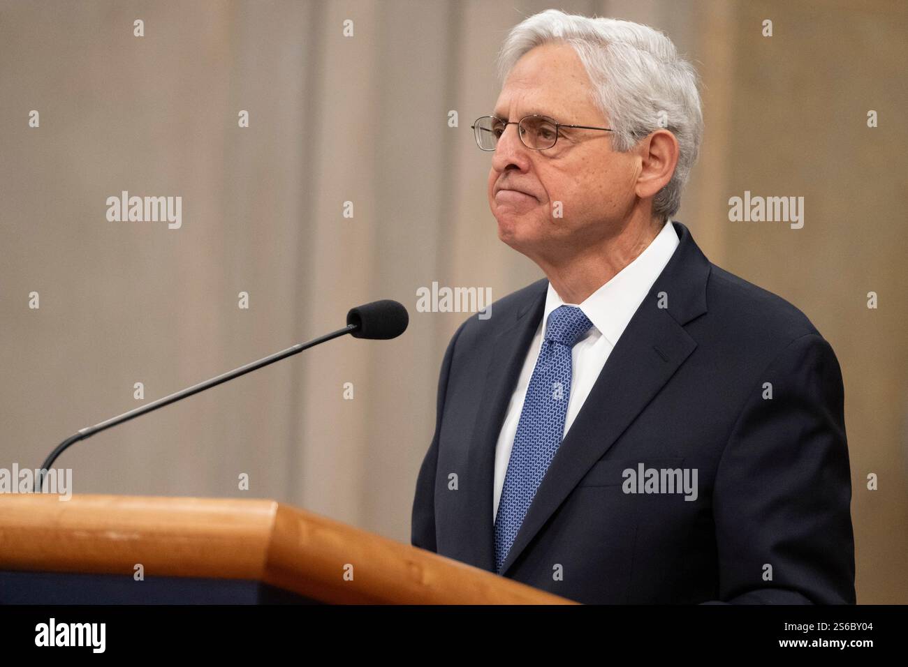 Attorney General Merrick Garland reacts during a farewell ceremony at ...
