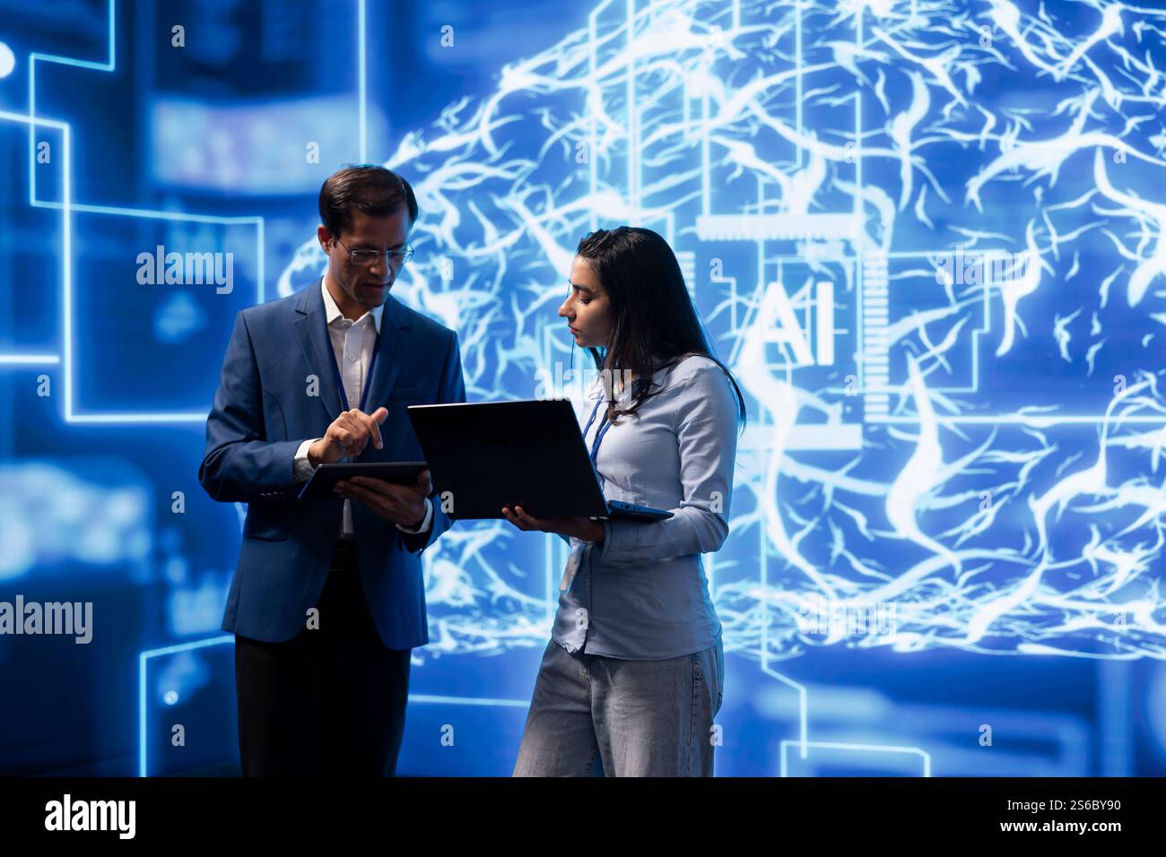 Colleagues using AI neural networks modeled after human brain, brainstorming ways to solve ...