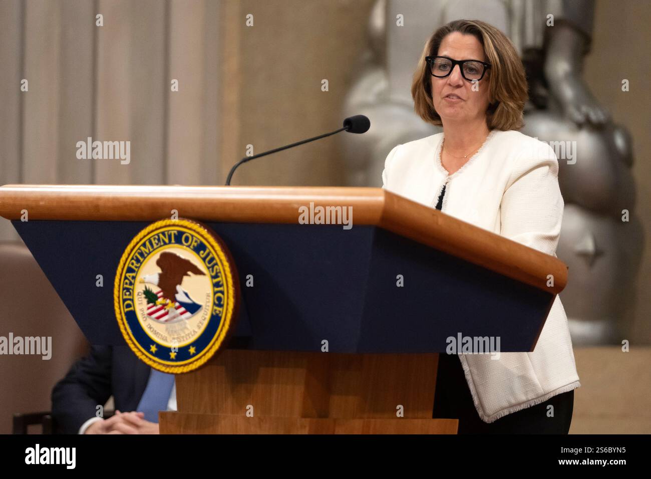 Deputy Attorney General Lisa Monaco speaks during a farewell ceremony ...