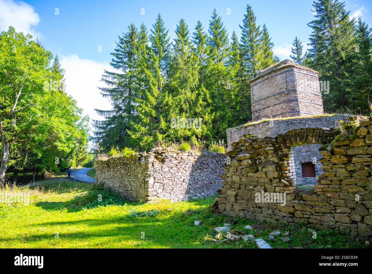 The historic remains of a lime kiln stand surrounded by lush greenery ...