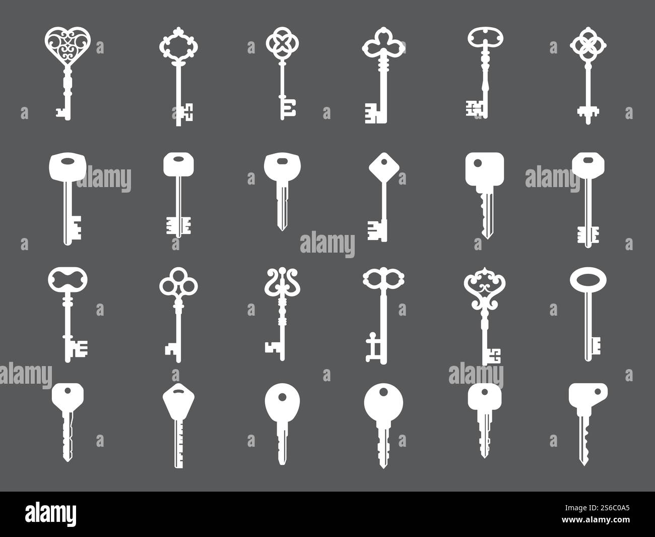 Key collection. Retro and modern house key silhouettes vector template ...