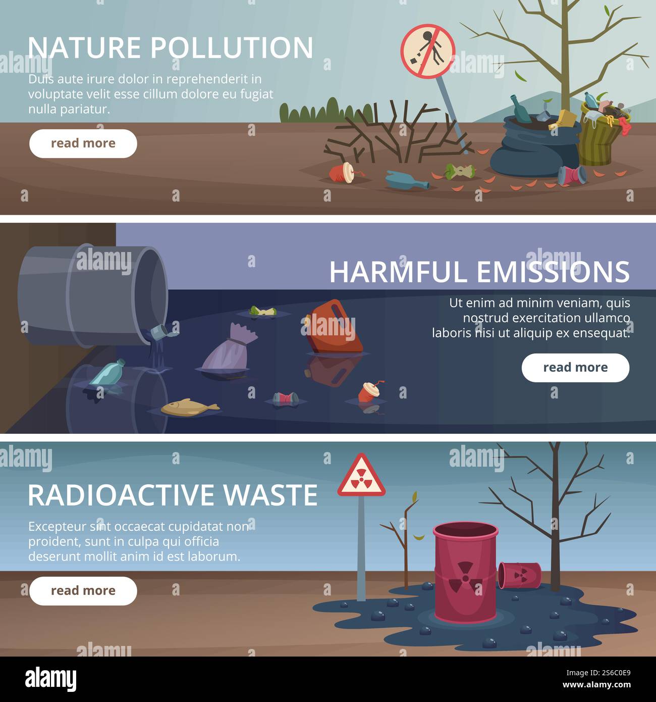 Waste nature banners. Toxic trash in rivers and oceans pollution factory problems air vector ...