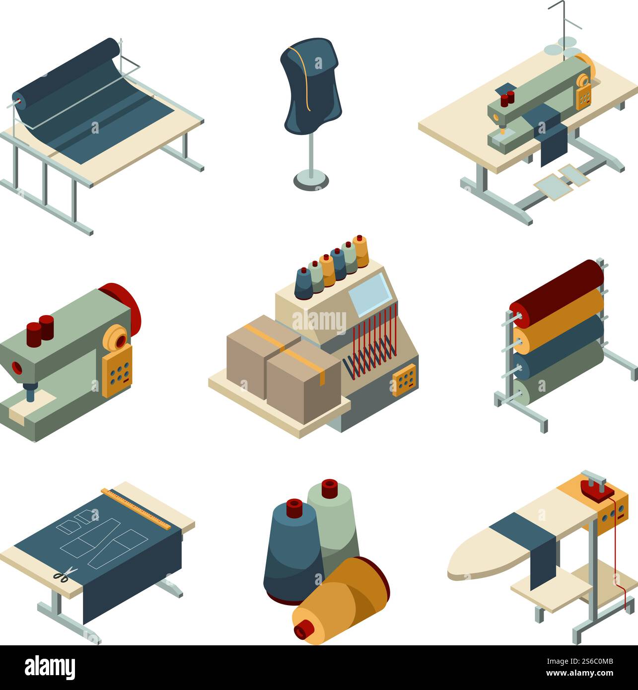 Sewing isometric. Garment embroidery production textile manufacturing ...