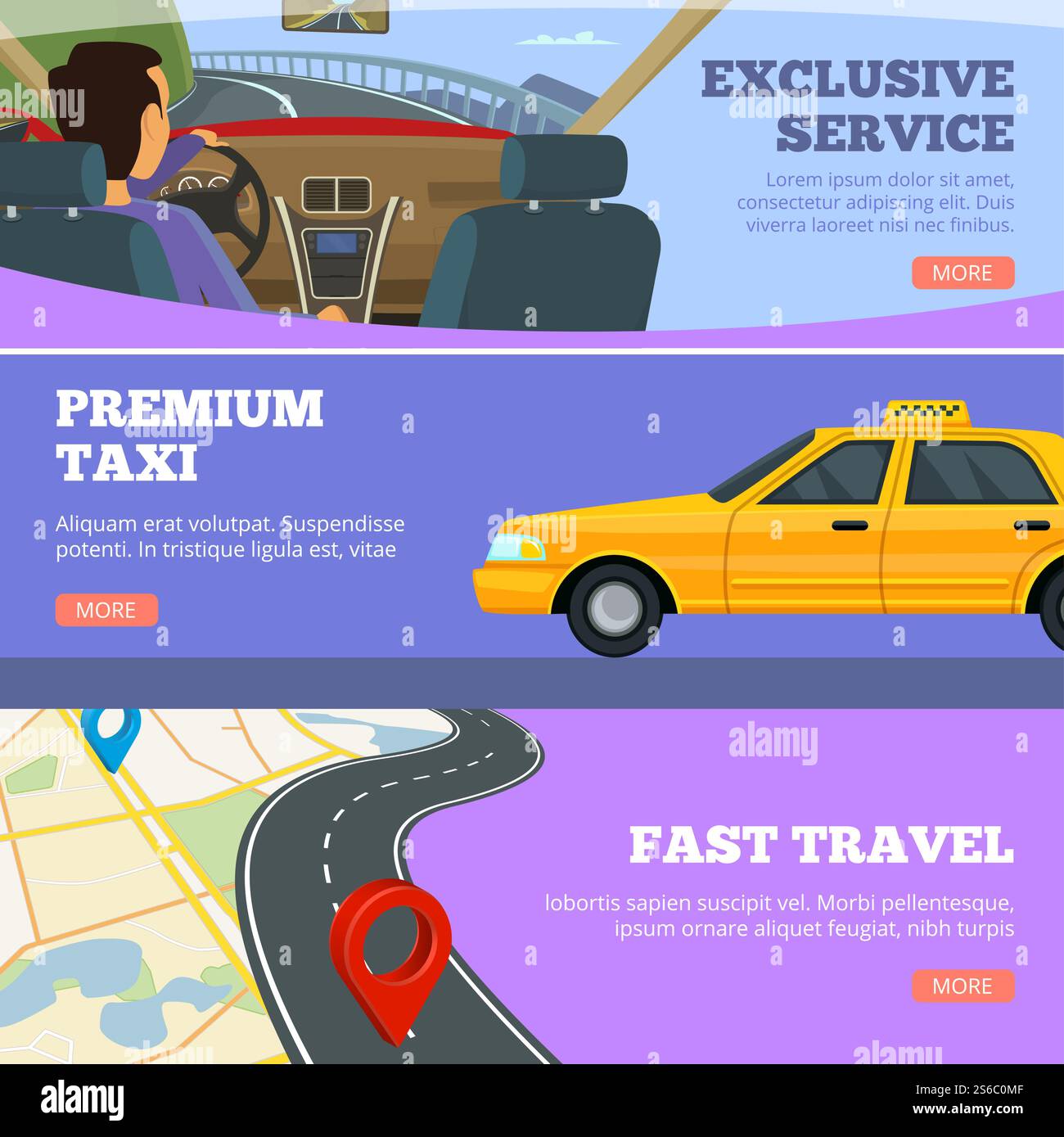 Taxi service banners. Yellow service cars driver in premium automobile ...