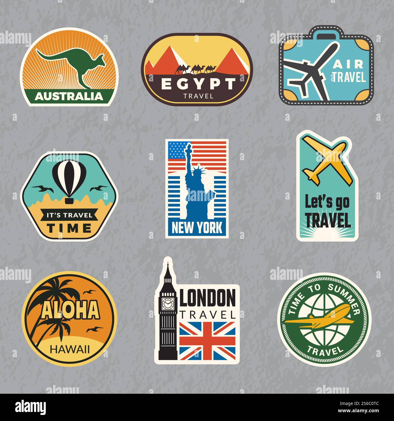 Travel vintage sticker. Summer vacation labels for old luggage tropical ...