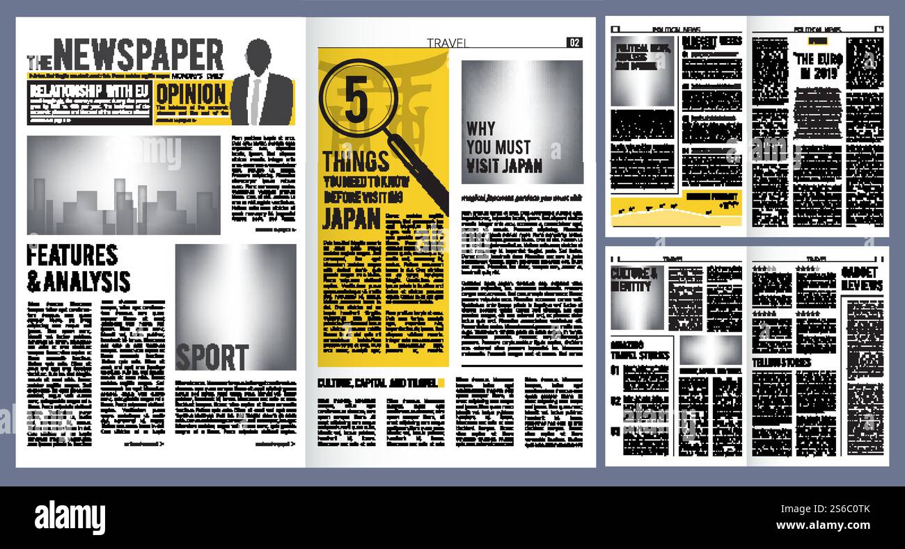 Newspaper headline. Press layout template of newspaper cover and pages ...