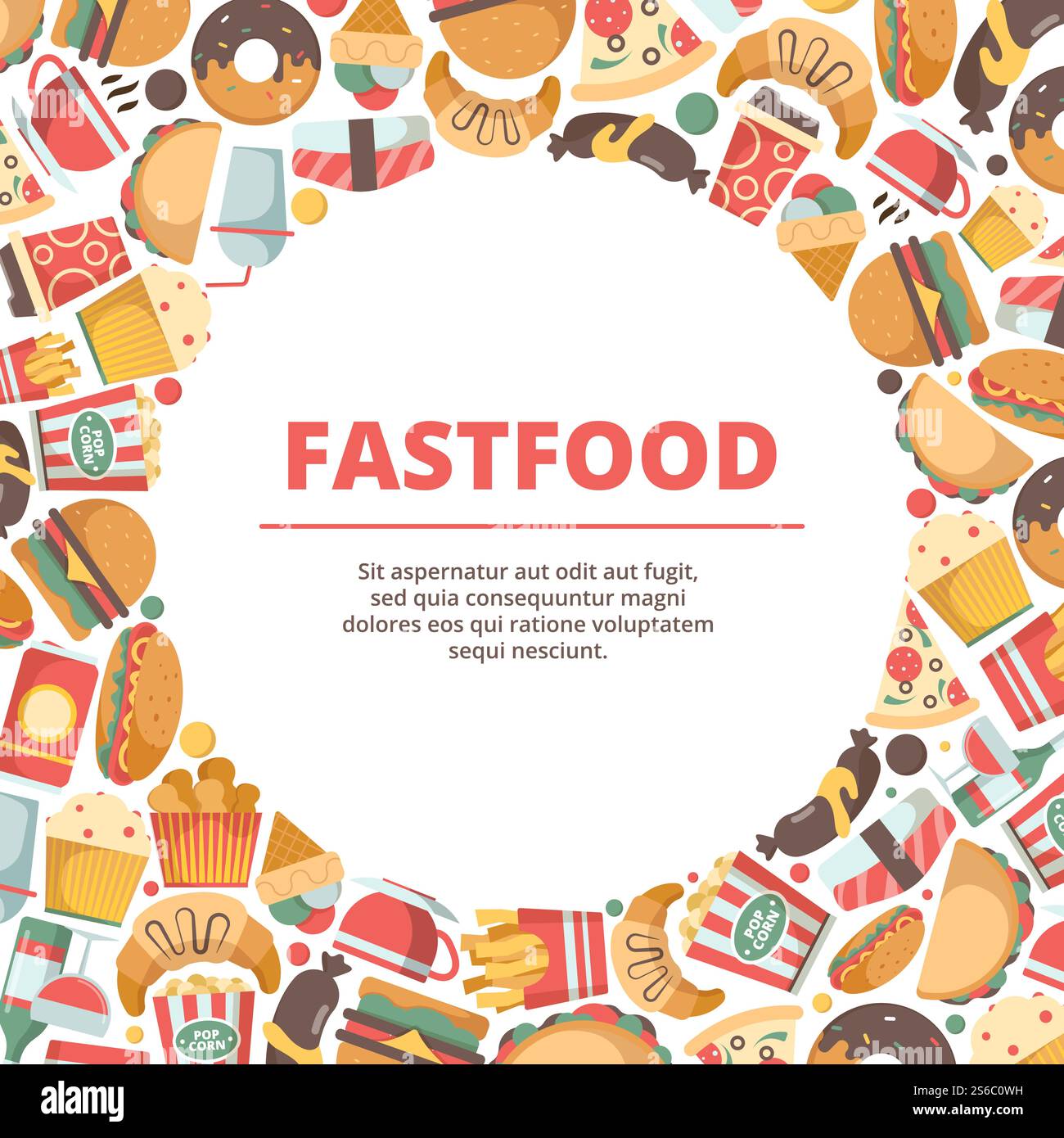 Fast food circle background. Burger meal cold drinks ice cream pizza ...
