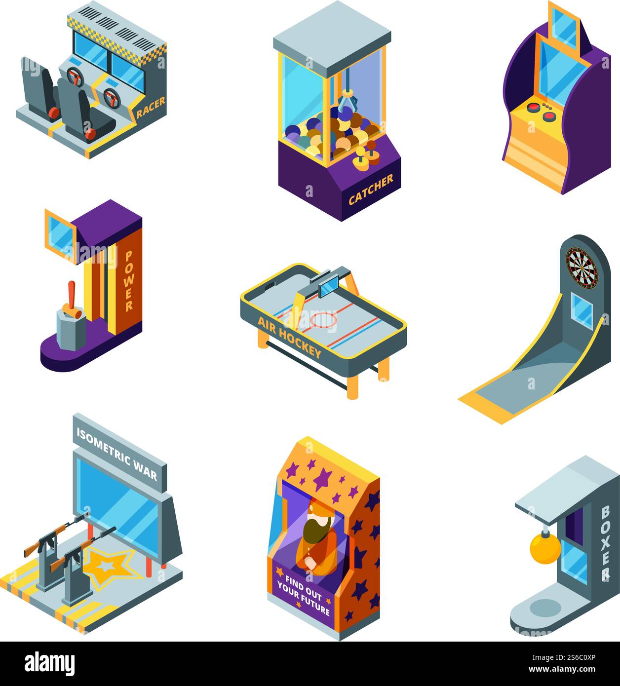 Game machines. Amusement park fun for kids arcade racing pinball drive game automat vector ...