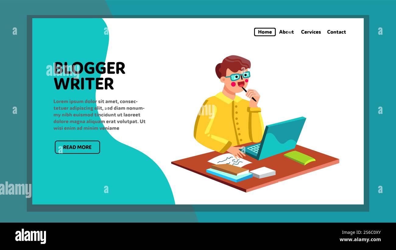 Blogger Man Thinking For New Blog Article Vector. Blogger Writer With ...