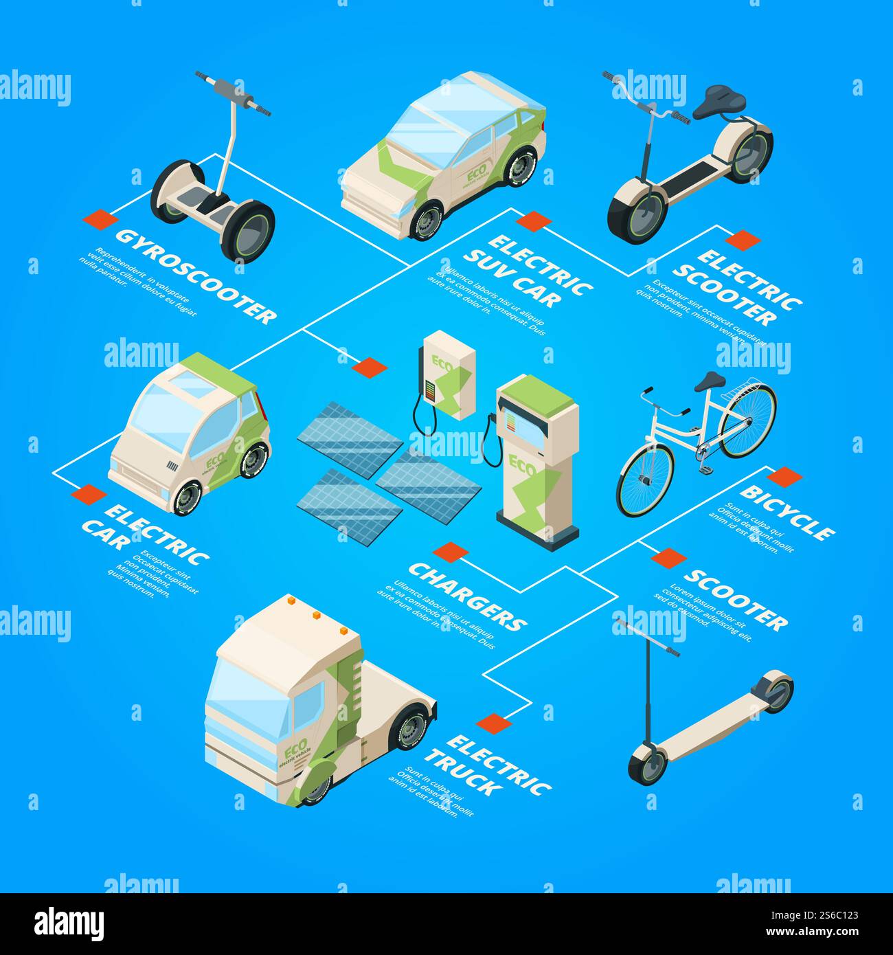 Electric cars. Eco transport bikes segways ecology bus bicycle vector ...