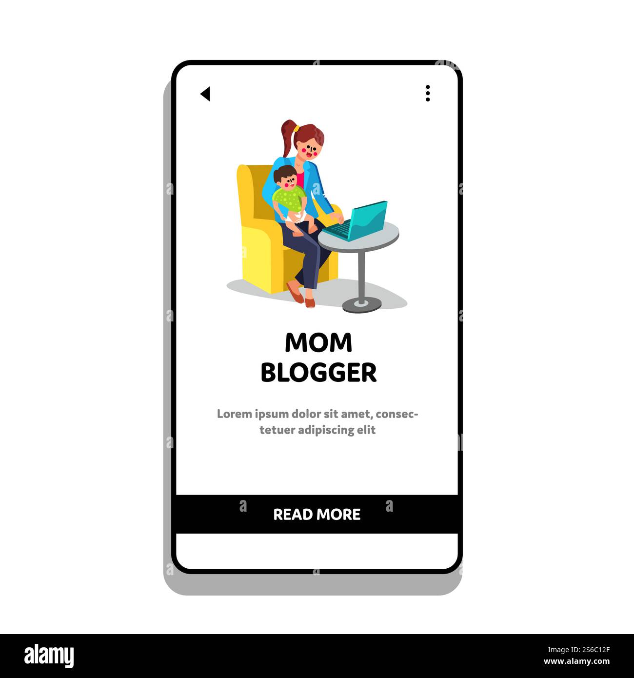 Mom Blogger And Child Working Online Laptop Vector. Mother Blogger With ...