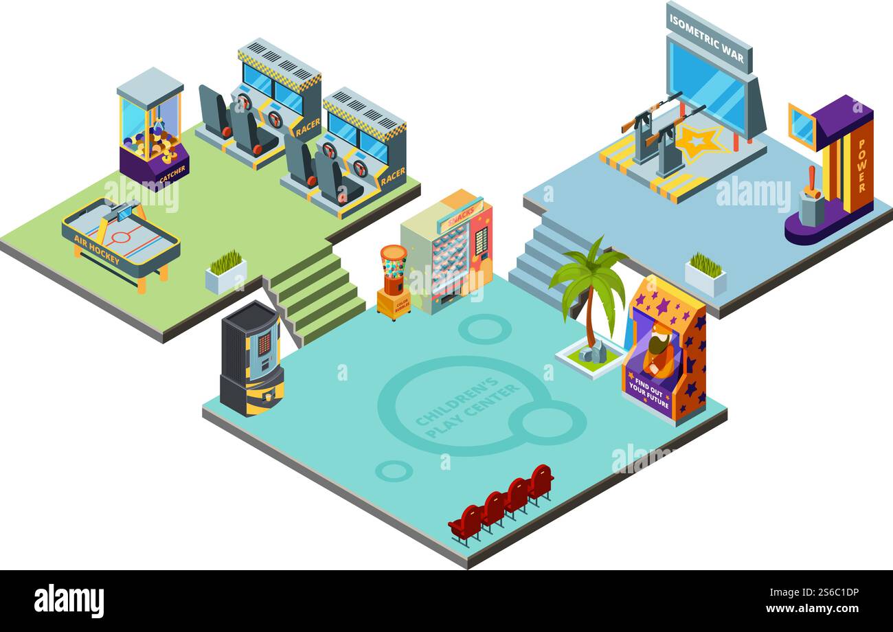 Game center. Amusement park for kids playing game machines arcade ...