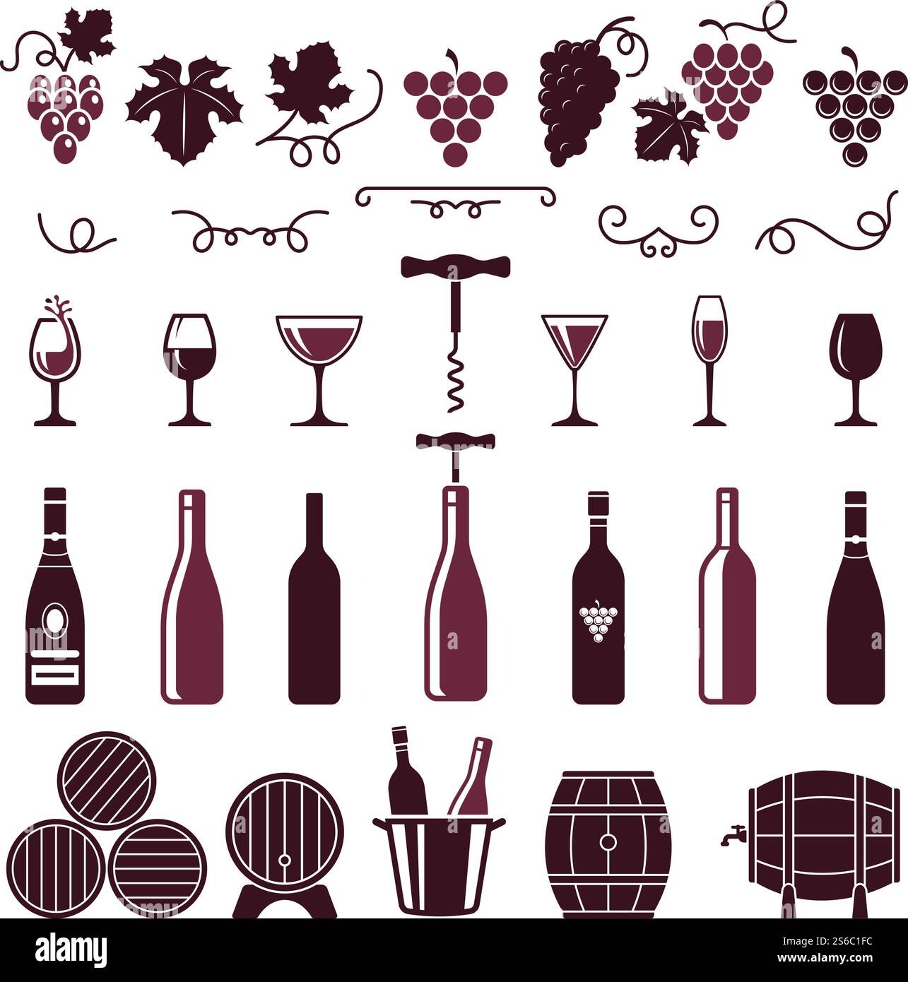 Wine symbols. Grape leaves vine tendrils bottles barrels corkscrew ...