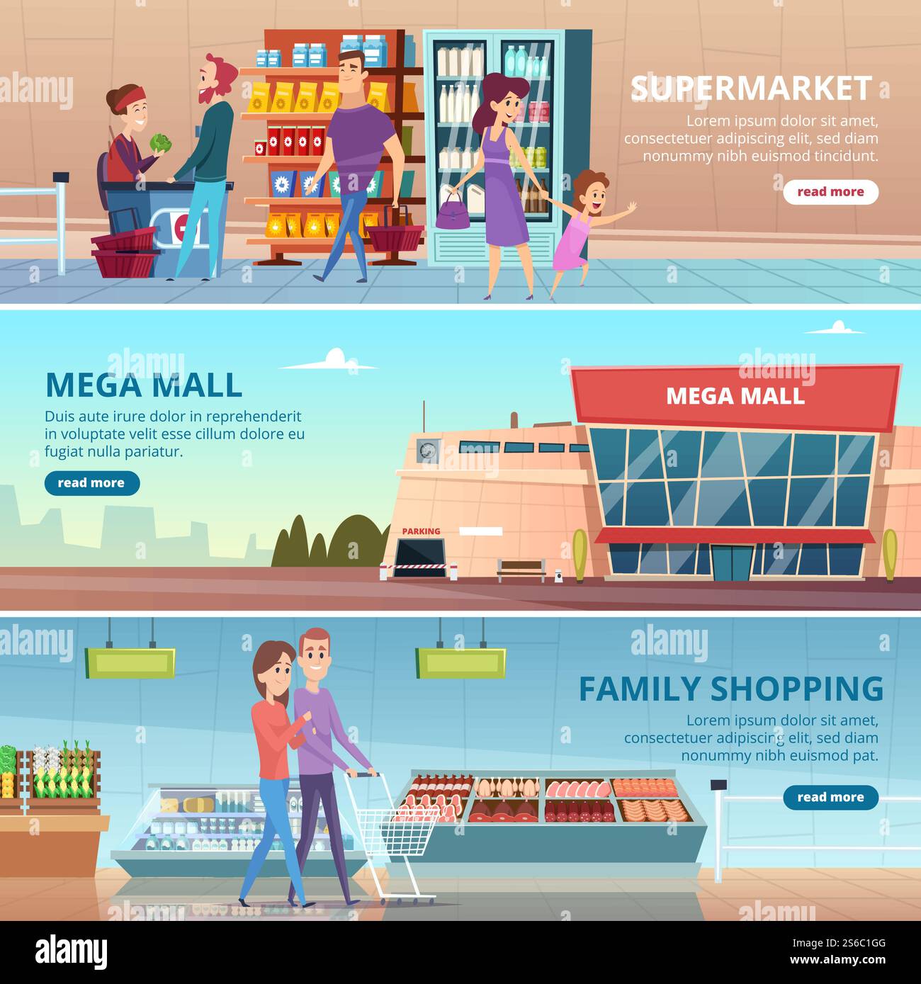 Shopping banners. People in grocery food market gourmet retailers ...