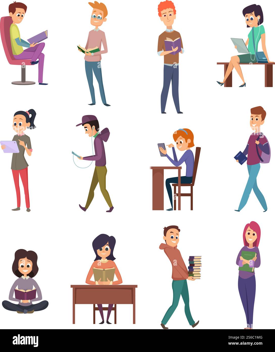 Reading characters. People knowledge student with books learn in ...