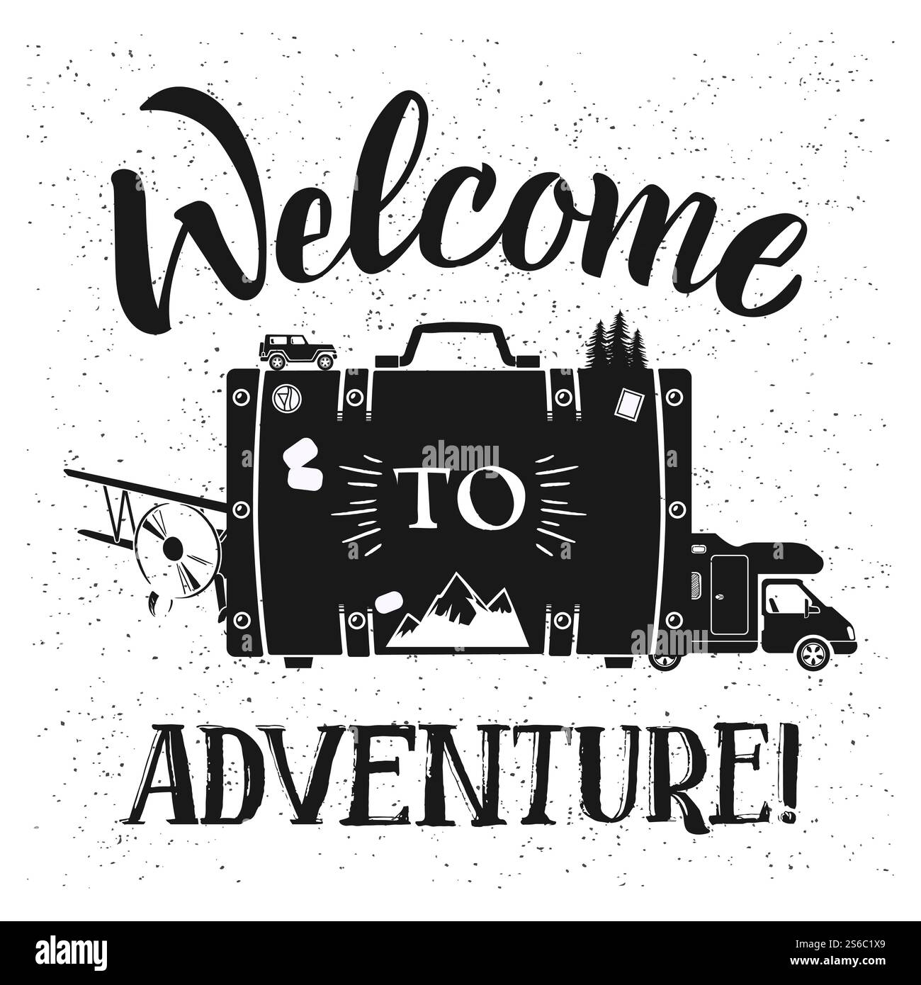 Welcome to adventure vector poster design with transport and suitcase ...